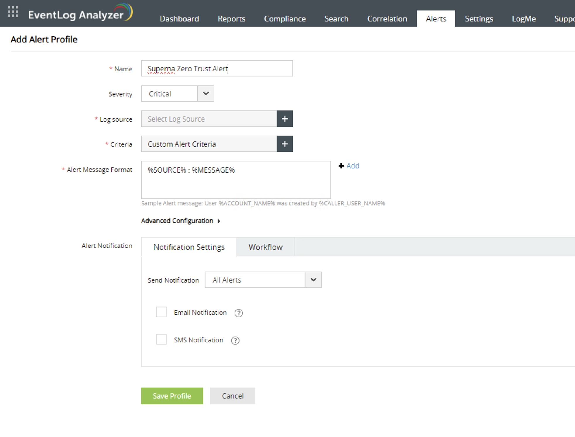 ManageEngine SIEM Log360 Zero Trust Alarm Integration SYSLOG